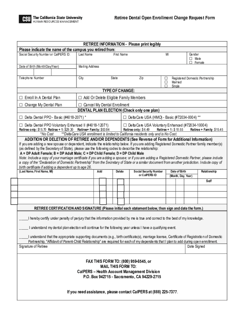 Fillable Online Retiree Dental Plan Enrollment - Change Request - CalHR ...