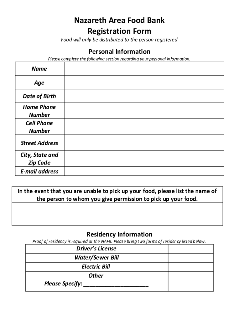 Fillable Online Nazareth Area Food Bank Registration Form Fax Email ...