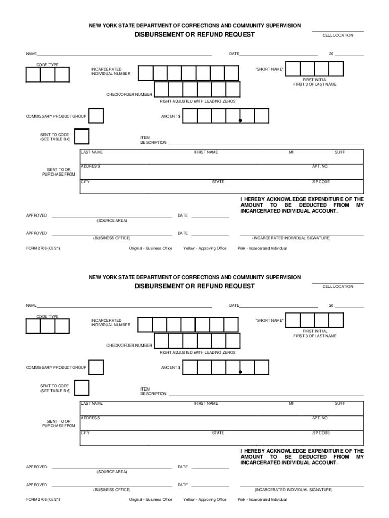 Fillable Online doccs ny DISBURSEMENT OR REFUND REQUEST DISBURSEMENT OR ... Fax Email Print ...