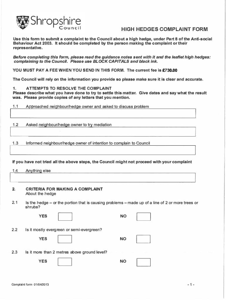 Fillable Online Complaint Form: High Hedges Fax Email Print - pdfFiller