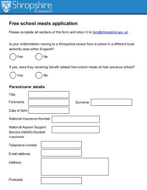 Fillable Online Free School Meals application form Fax Email Print ...