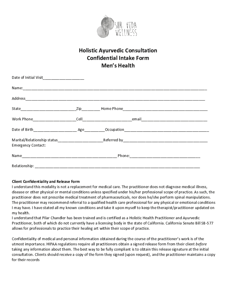 Fillable Online Holistic Ayurvedic Consultation Confidential Intake ...