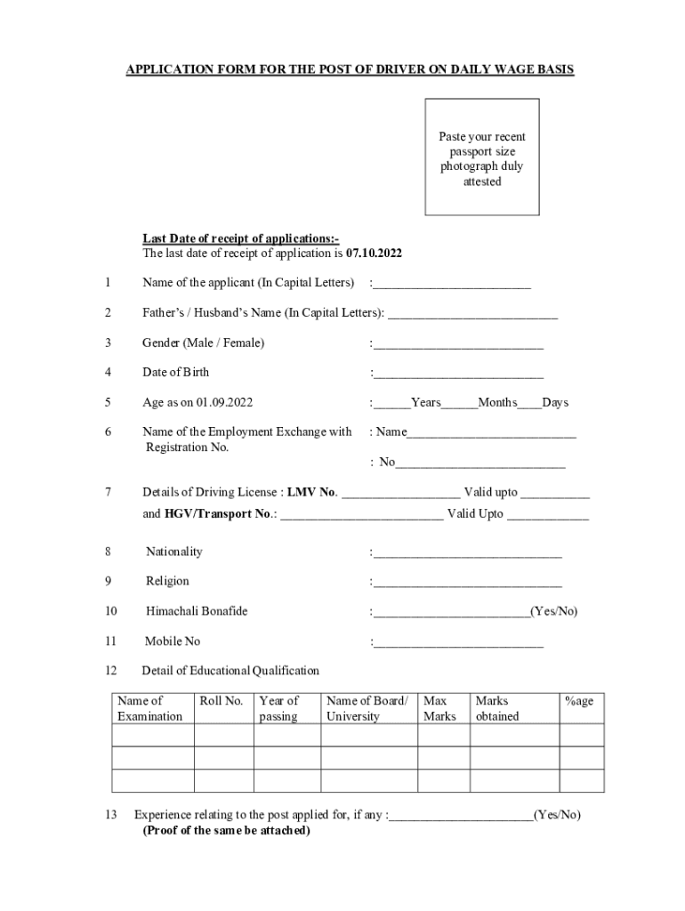 Fillable Online himachal nic application form for the post of driver on daily wage basis Fax ...