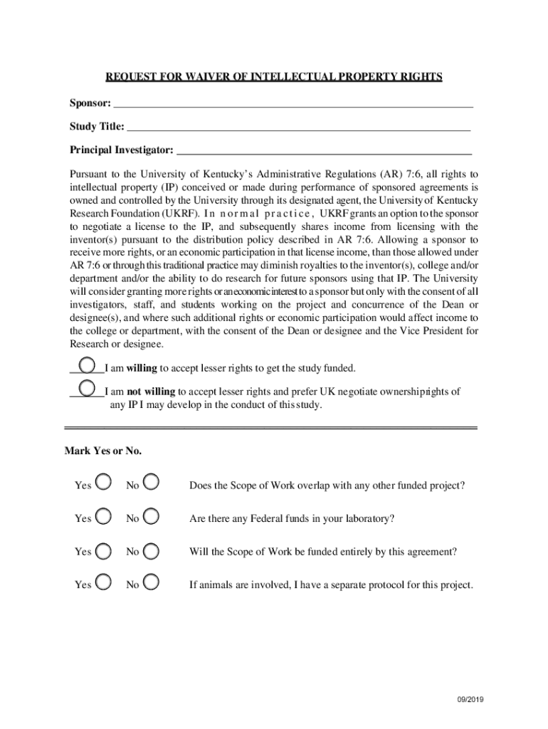 Fillable Online REQUEST FOR WAIVER OF INTELLECTUAL PROPERTY RIGHTS ...