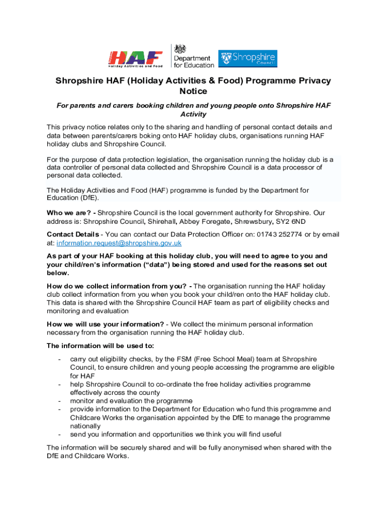 Fillable Online Shropshire HAF (Holiday Activities & Food) Programme ...