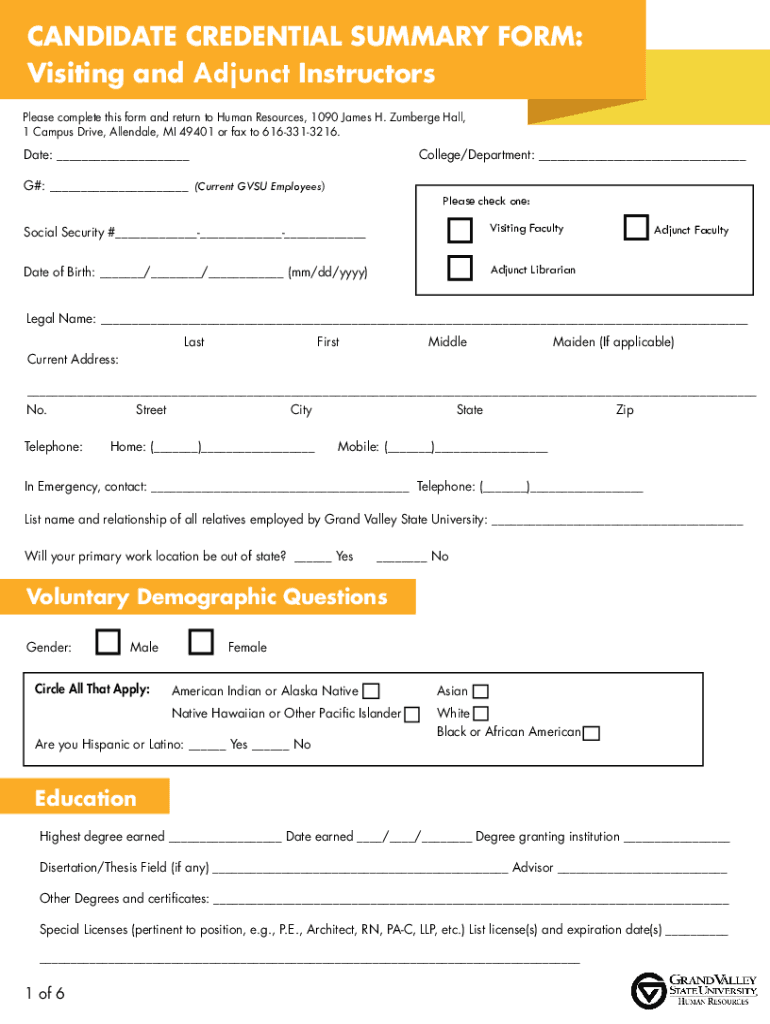 Fillable Online CANDIDATE CREDENTIAL SUMMARY FORM: Visiting and Adjunct ... Fax Email Print ...