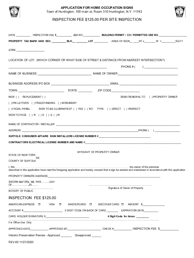 Fillable Online INSPECTION FEE $125.00 PER SITE INSPECTION INSPECTION ...