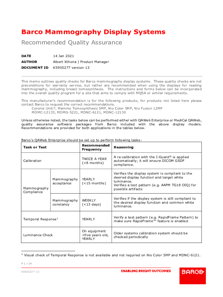 Fillable Online Barco Mammography Display Systems - Recommended Quality ...