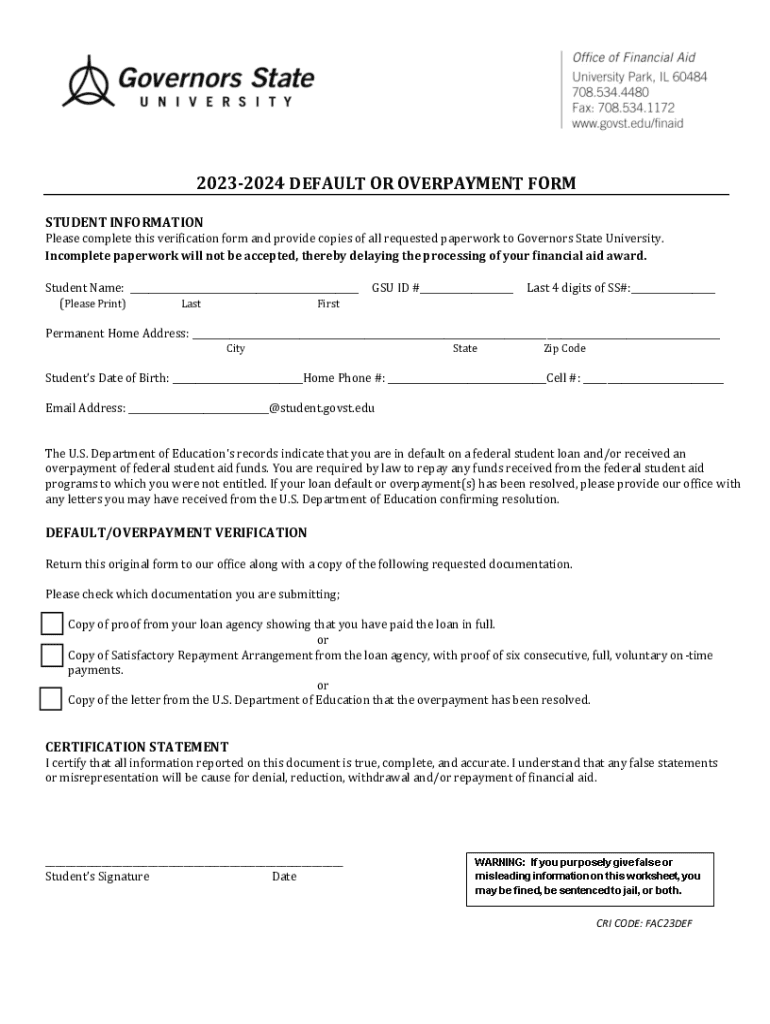 Fillable Online 2023-2024 DEFAULT OR OVERPAYMENT FORM Fax Email Print - pdfFiller