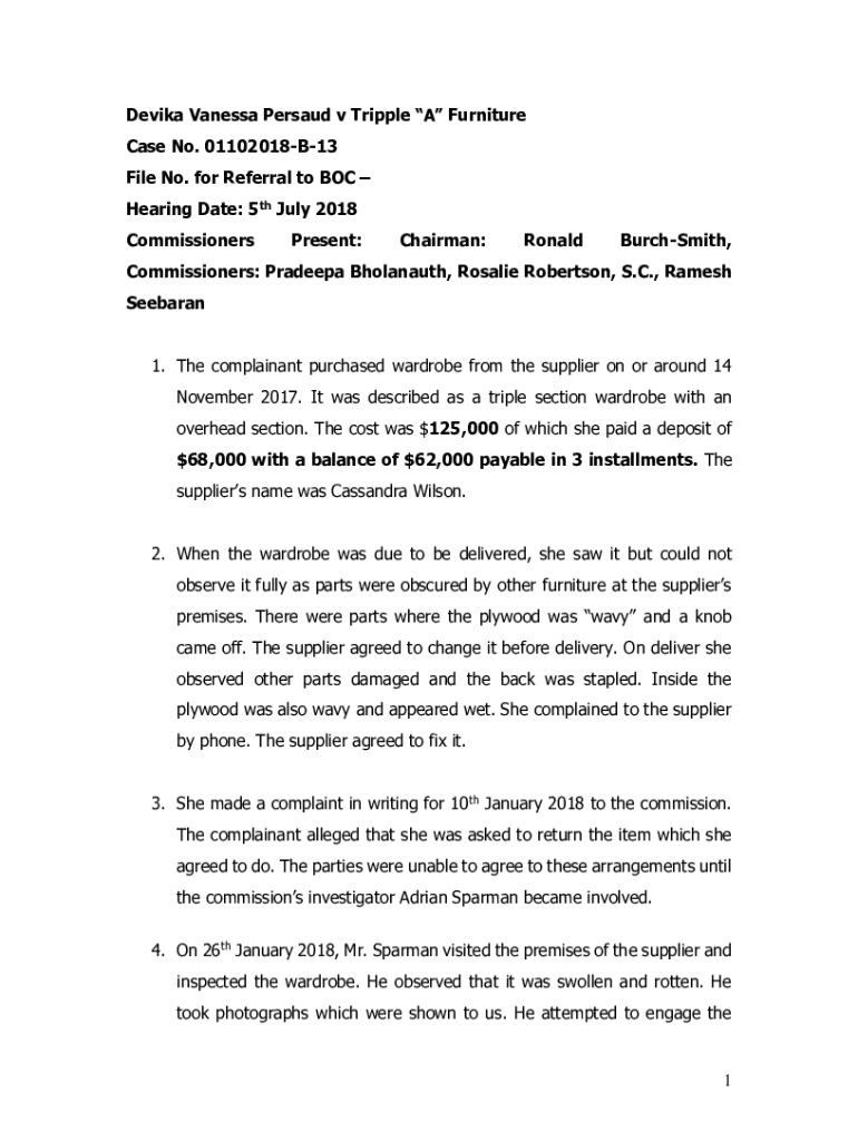 Fillable Online 1 Devika Vanessa Persaud v Tripple A Furniture Case No ...