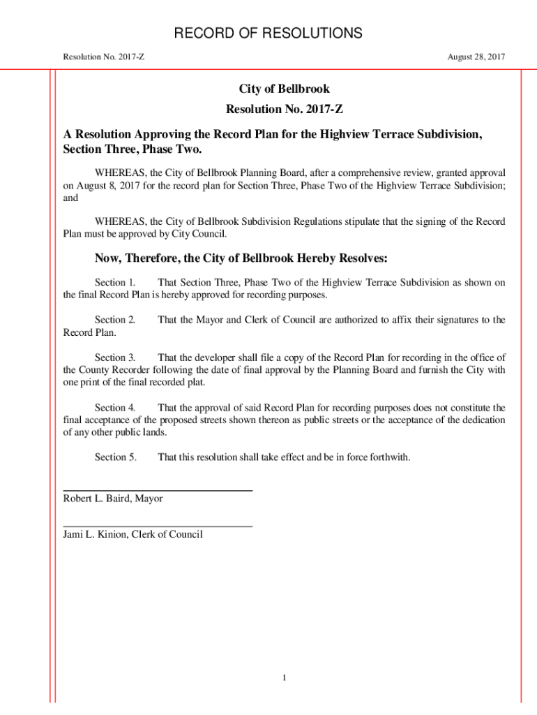 Fillable Online A Resolution Approving the Record Plan for the Highview ...