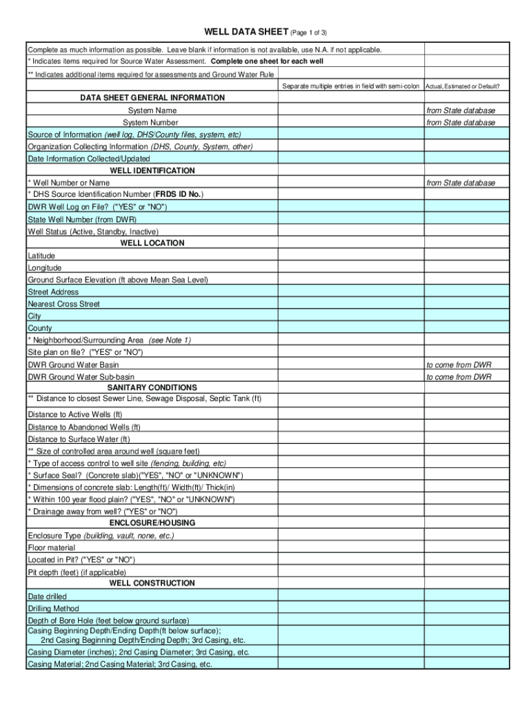 Fillable Online WELL DATA SHEET (Page 1 of 3) Fax Email Print - pdfFiller