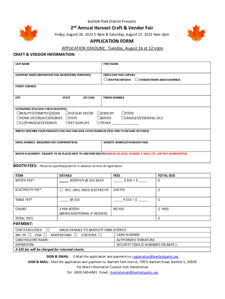 Fillable Online 2nd Annual Harvest Craft & Vendor Fair APPLICATION FORM ...