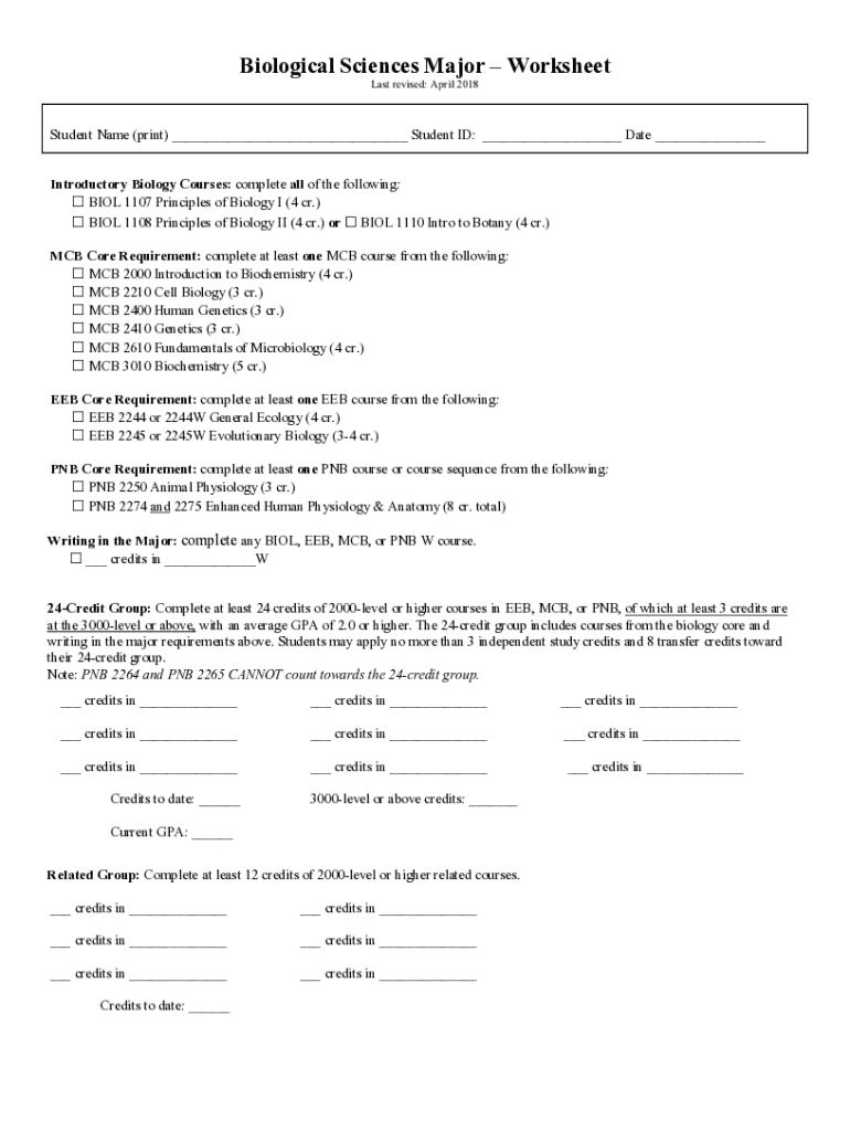 Fillable Online 111 - Biological Sciences Major Worksheet Last revised ...