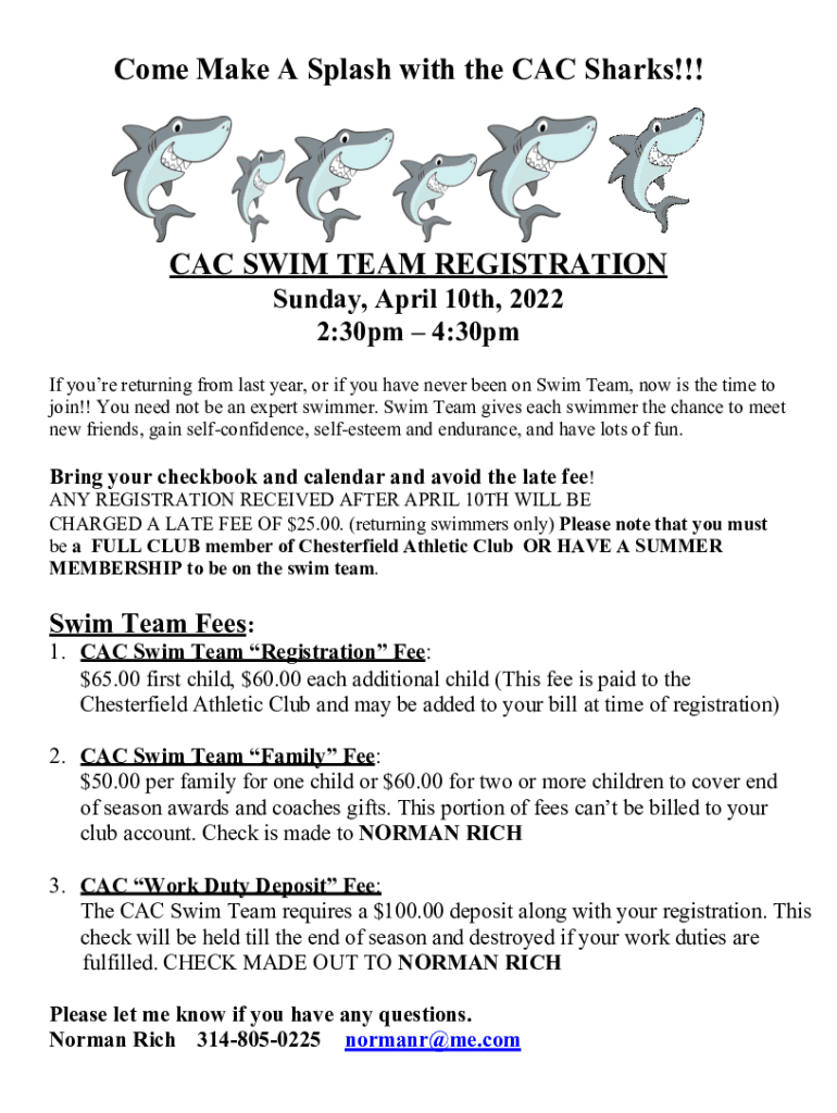 Fillable Online Come Make A Splash with the CAC Sharks!!! CAC SWIM TEAM ...