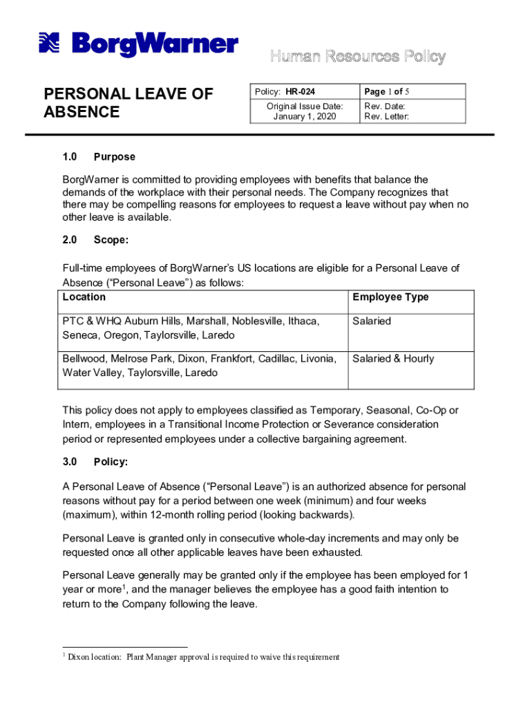 Fillable Online Human Resources Policy PERSONAL LEAVE OF ABSENCE Fax ...
