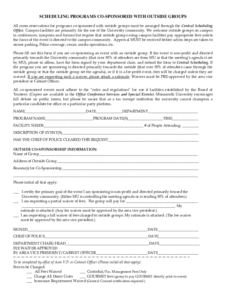 Fillable Online Scheduling Programs Co-sponsored with Outside Groups Fax Email Print - pdfFiller