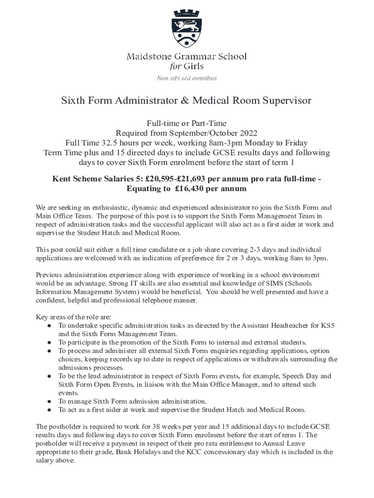 Fillable Online Sixth Form Administrator job with FOREST SCHOOL Fax Email Print - pdfFiller