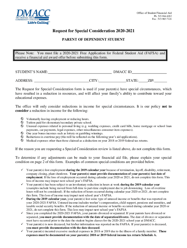 Fillable Online 2020-21 Request for Special consideration Parent of ...
