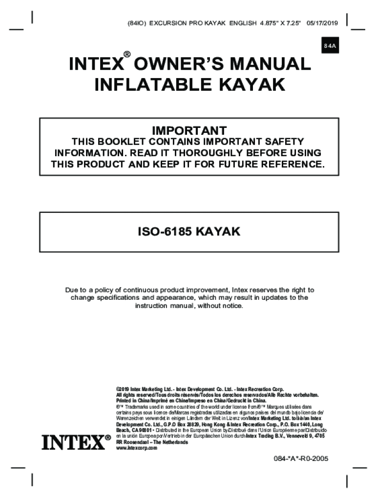 Fillable Online INTex ISO-6185 Inflatable Kayak Owner's Manual Fax ...