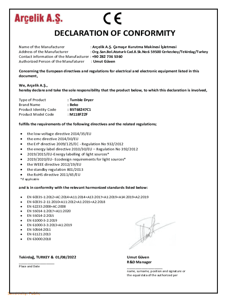 Fillable Online DECLARATION OF CONFORMITY - Bol.com Fax Email Print - pdfFiller