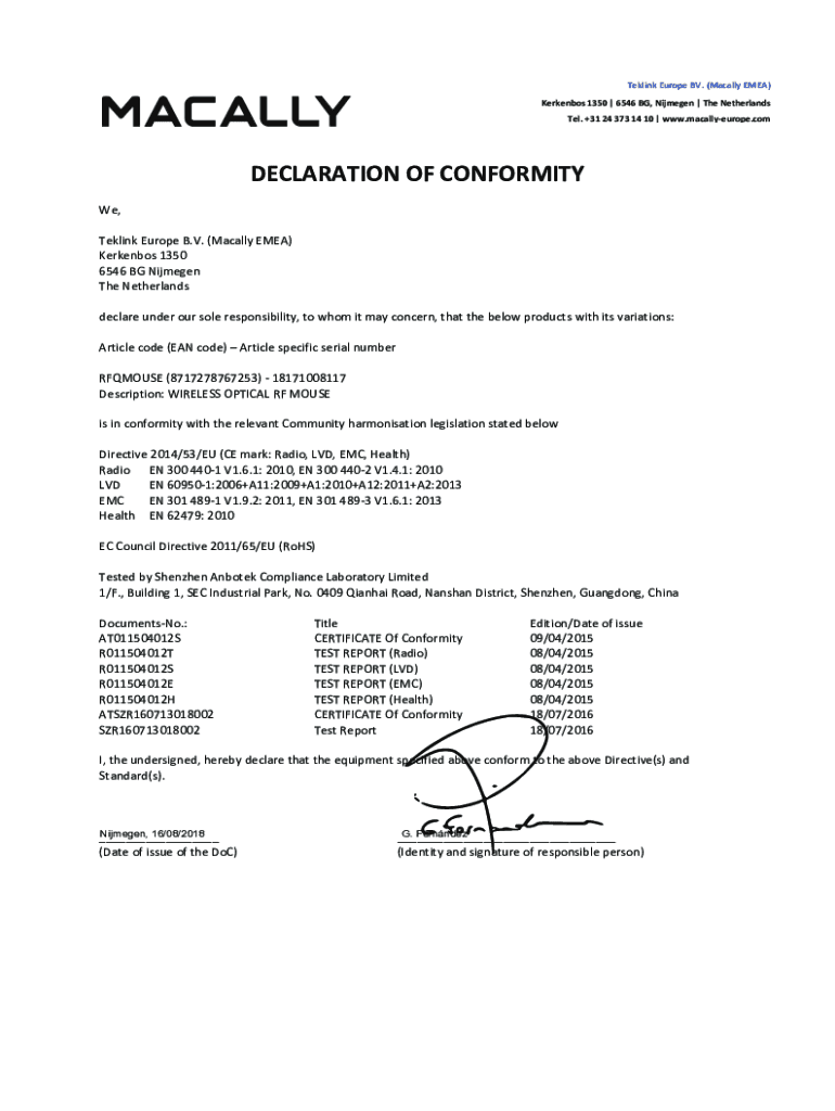 Fillable Online DECLARATION OF CONFORMITY - Macally Fax Email Print - pdfFiller