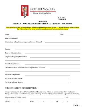 Fillable Online 2018-2019 medication/inhaler/nebulizer authorization ...