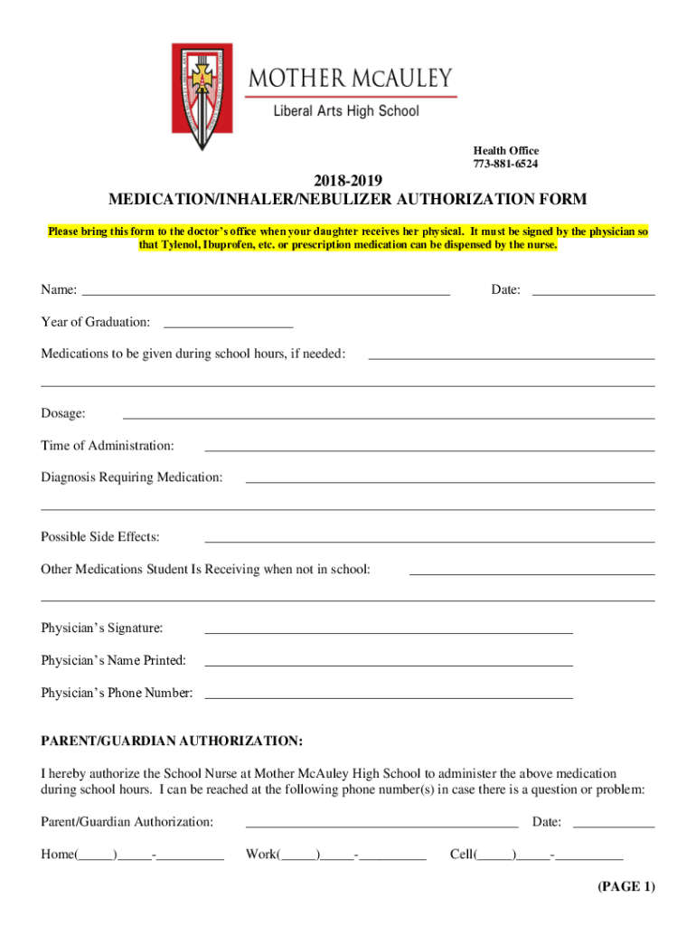 Fillable Online 2018-2019 medication/inhaler/nebulizer authorization ...