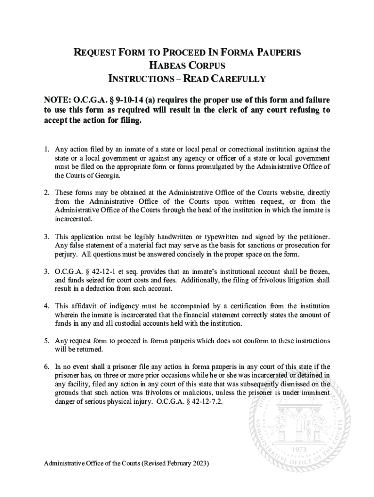 Fillable Online request form to proceed in forma pauperis habeas corpus ...