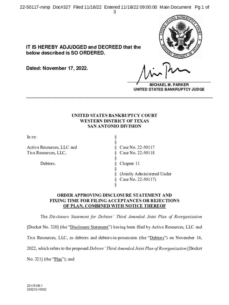 Fillable Online Activa - Order Approving Disclosure Statement - docket ...