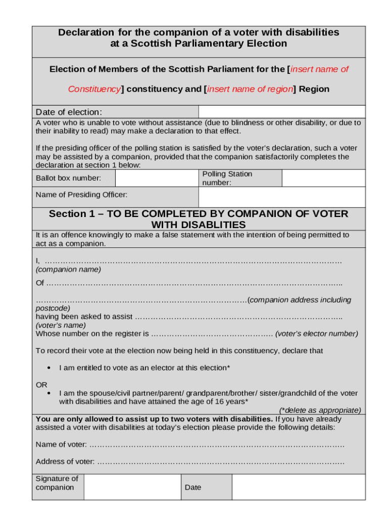 Declaration for the companion of a disabled voter generic Doc Template ...