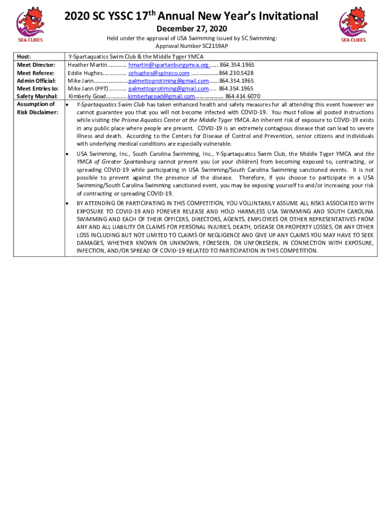 Fillable Online 2020 SC YSSC 17th Annual New Year's Invitational - Meet ...