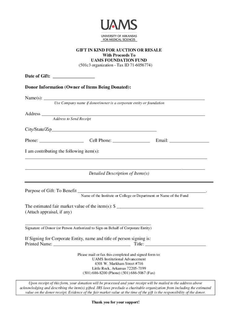 Fillable Online giving uams Donor Information (Owner of Items Being Donated): Name(s) Fax Email ...