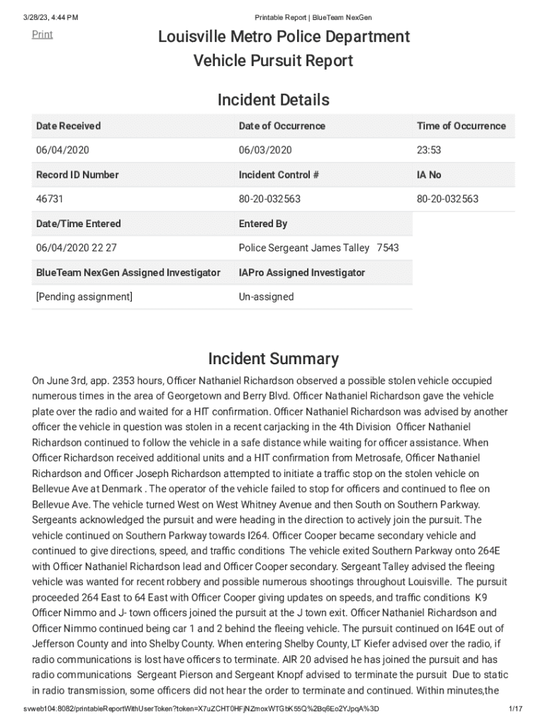 Fillable Online Louisville Metro Police Department Vehicle Pursuit Report ... Fax Email Print ...