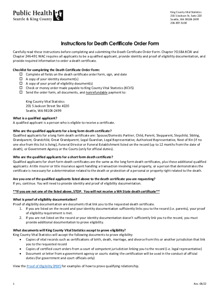 Fillable Online Washington State Death Certificate Order Fax Email ...