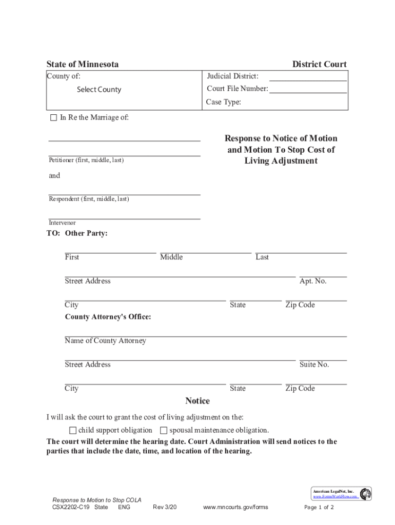 Fillable Online State of Minnesota District Court Response to Notice of ...