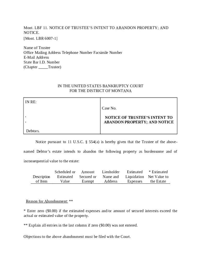 NOTICE OF TRUSTEE'S INTENT TO ABANDON PROPERTY; AND NOTICE Doc Template ...