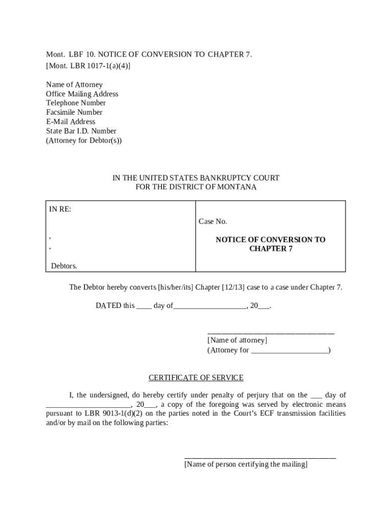NOTICE OF CONVERSION TO CHAPTER 7 Doc Template | pdfFiller