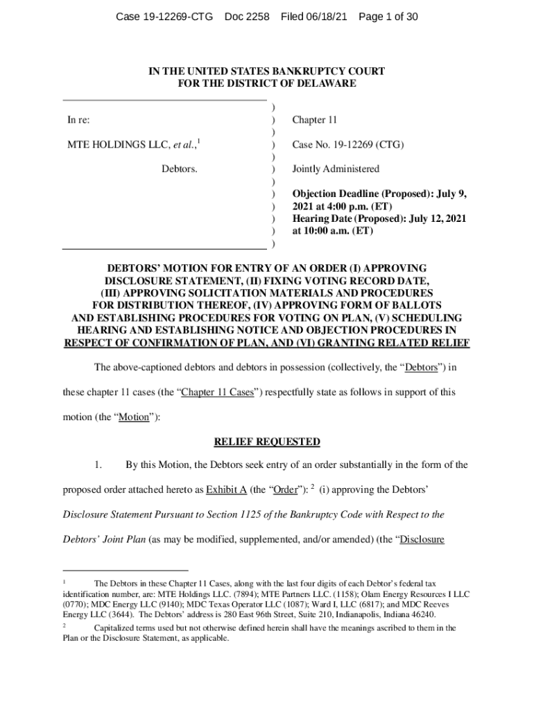 Fillable Online 061821 - MTE - Disclosure Statement Approval Motion Fax ...