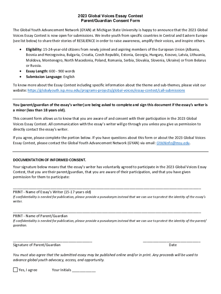 Fillable Online 2023 Global Voices Essay Contest Parent/Guardian ...