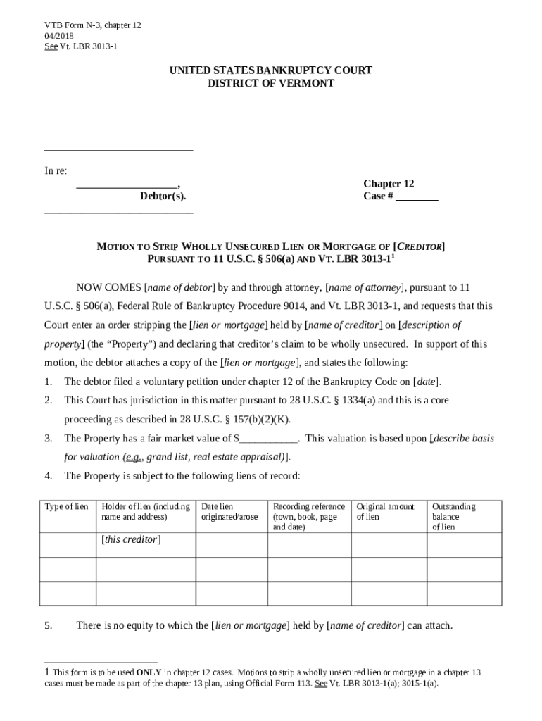 N-3 - Model Motion to Strip Lien in Chapter 12Vermont ... Doc Template | pdfFiller