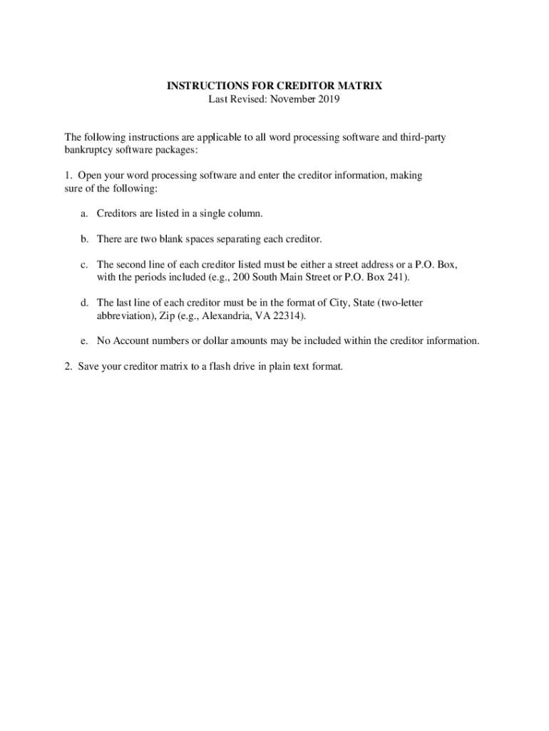 Fillable Online Instructions for Creating the List of Creditors in ...