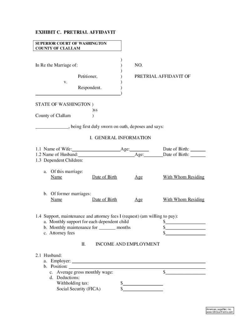Fillable Online EXHIBIT C. PRETRIAL AFFIDAVIT ) In Re the Marriage of Fax Email Print - pdfFiller