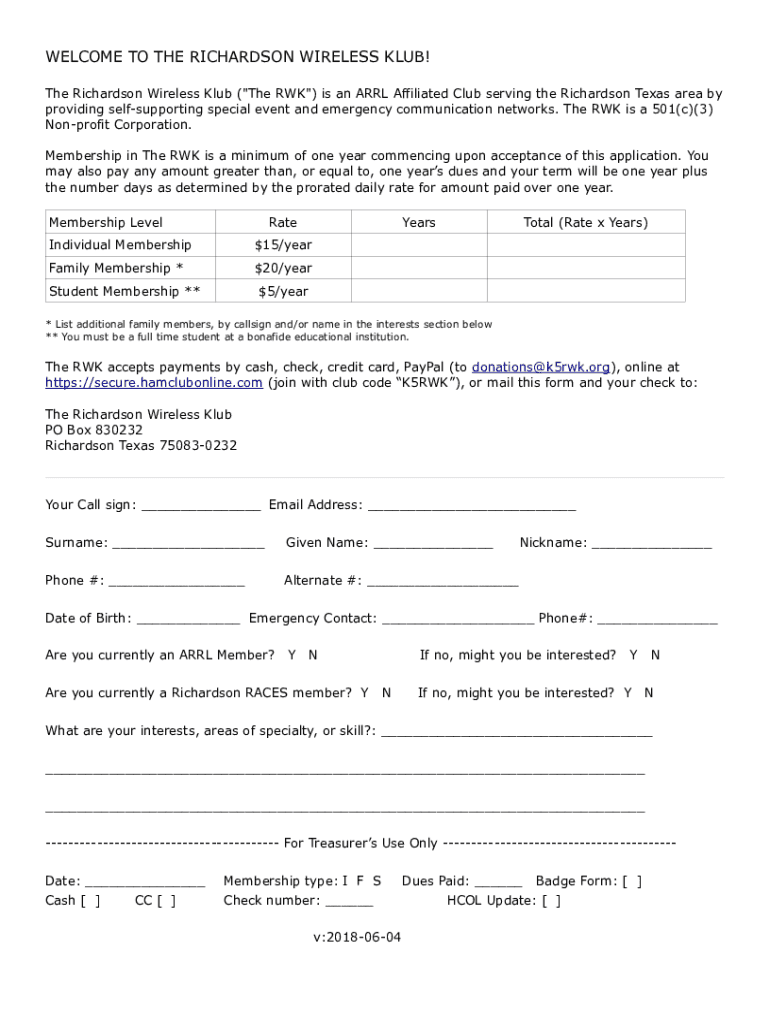 Fillable Online WELCOME TO THE RICHARDSON WIRELESS KLUB! Fax Email Print - pdfFiller