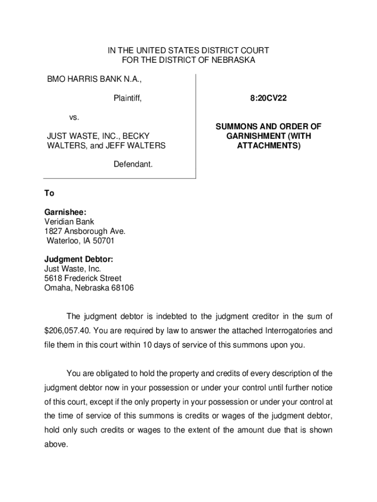 Fillable Online SUMMONS AND ORDER OF GARNISHMENT (with attachments) as ...