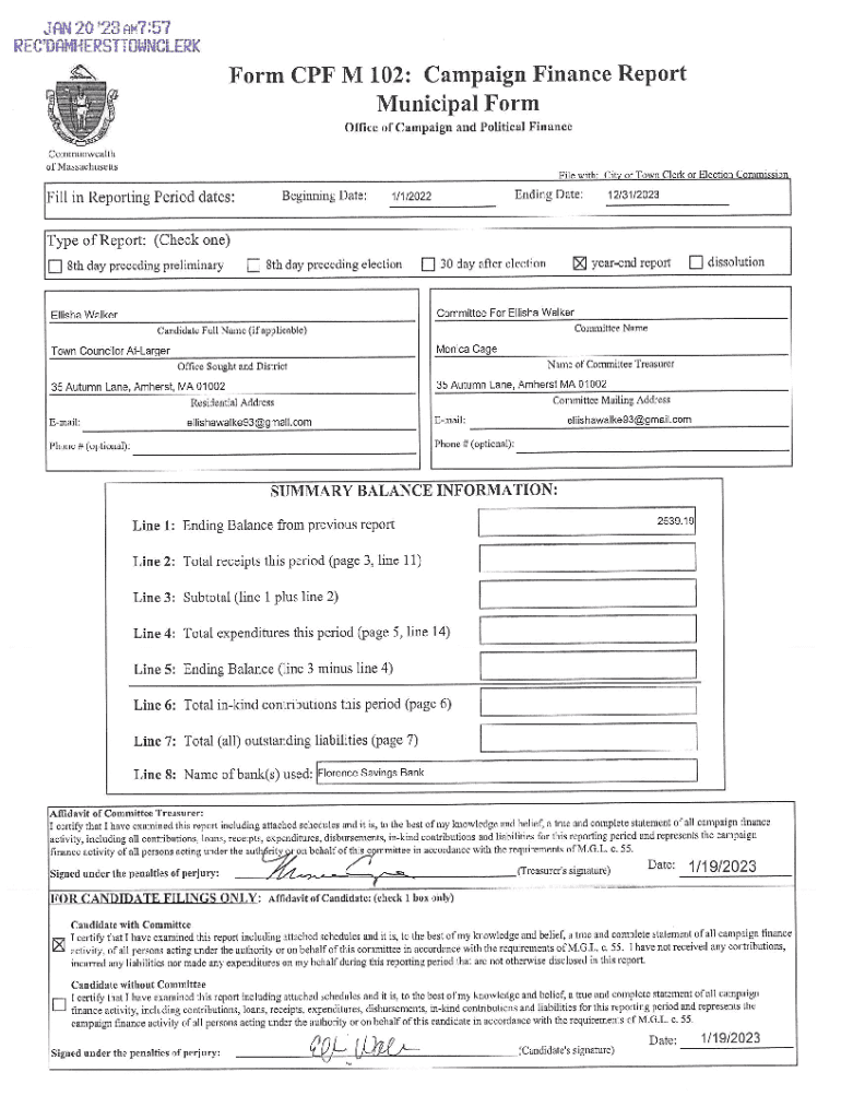Fillable Online Form CPF M 102: Campaign Finance Report Municipal Form ...