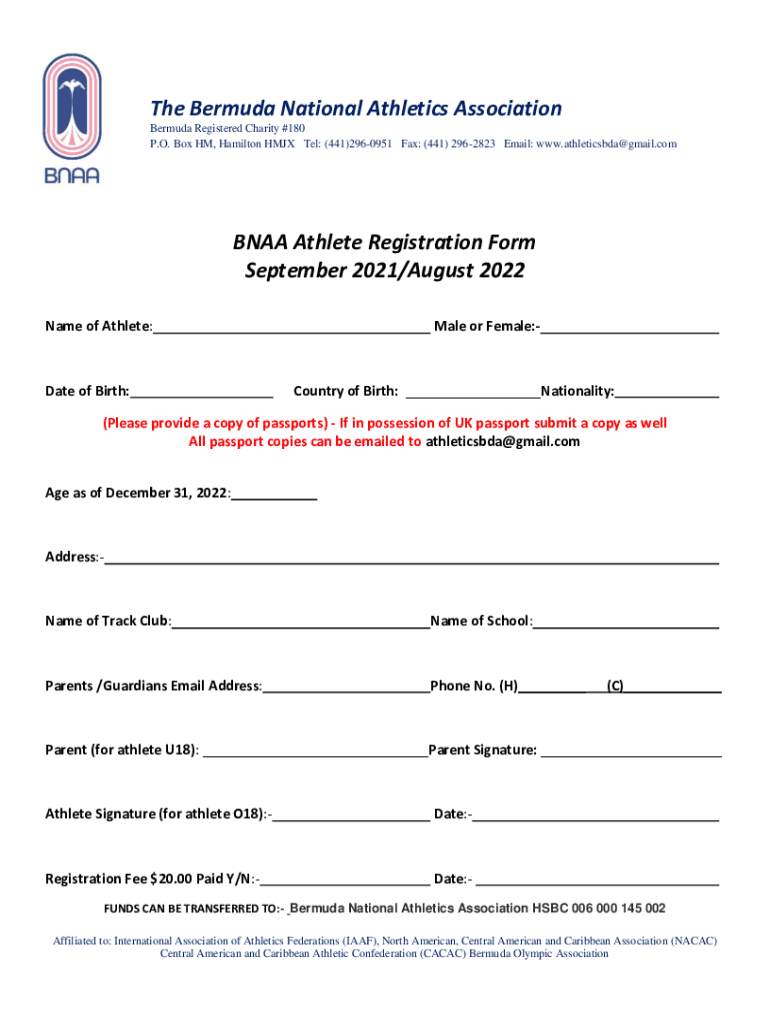 Fillable Online The Bermuda National Athletics Association BNAA Athlete ...
