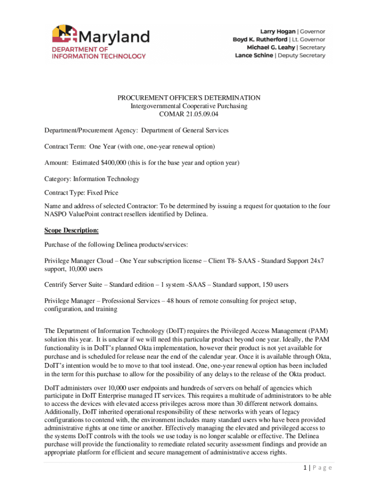 Fillable Online Procurement Officer's Written Determination (COMAR ...