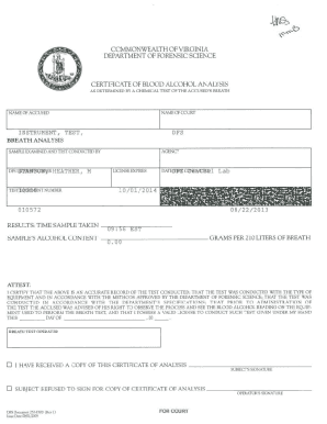 Fillable Online CERTIFICATE OF BLOOD ALCOHOL ANALYSIS BREATH ... Fax ...