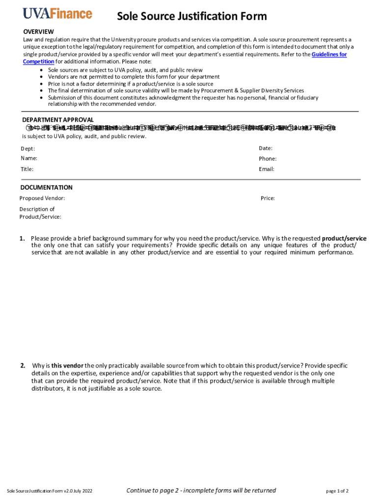 Fillable Online Sole Source Justification FormUVA Finance Fax Email Print - pdfFiller